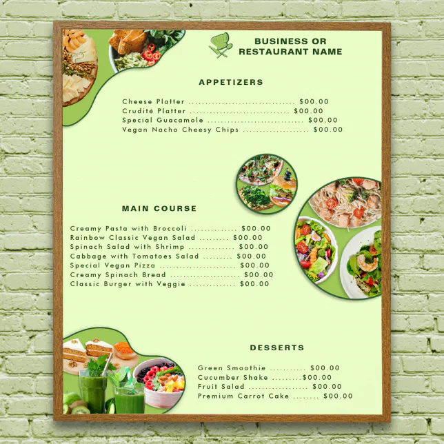 Professional Modern Vegan Healthy Food Menu Green Poster | Zazzle
