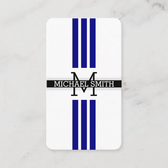 Professional Monogram Modern Navy Stripes Business Card | Zazzle