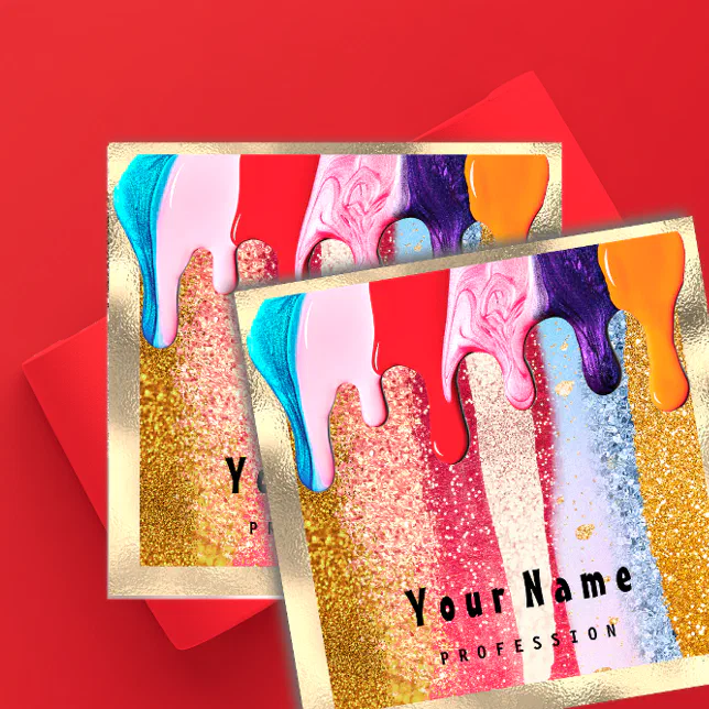 Professional Nais Makeup Gold Glitter Logo Drip Square Business Card | Zazzle