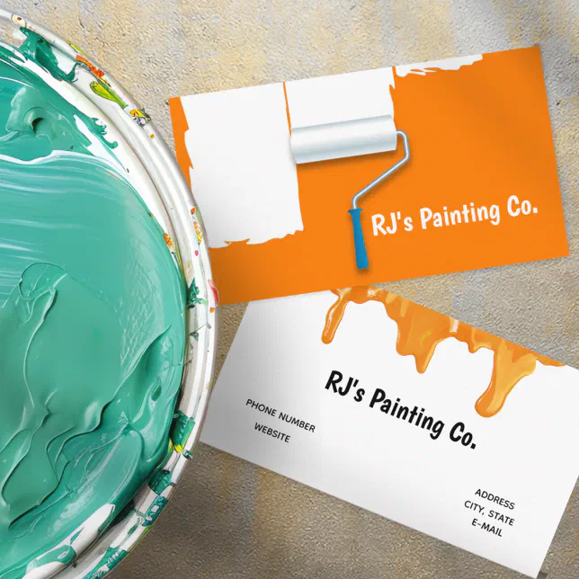 Professional Orange White Paint Roller Painter Business Card | Zazzle