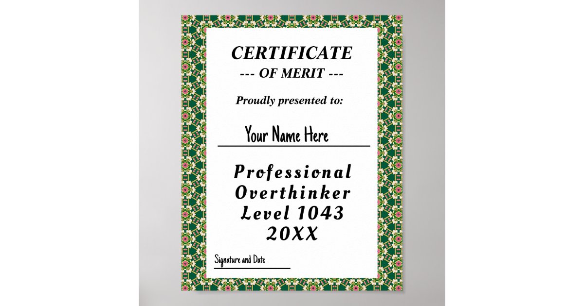Professional overthinker certificate award poster | Zazzle