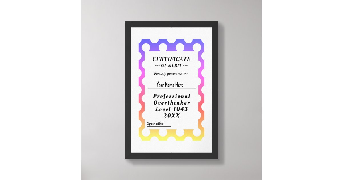 Professional overthinker certificate award poster | Zazzle