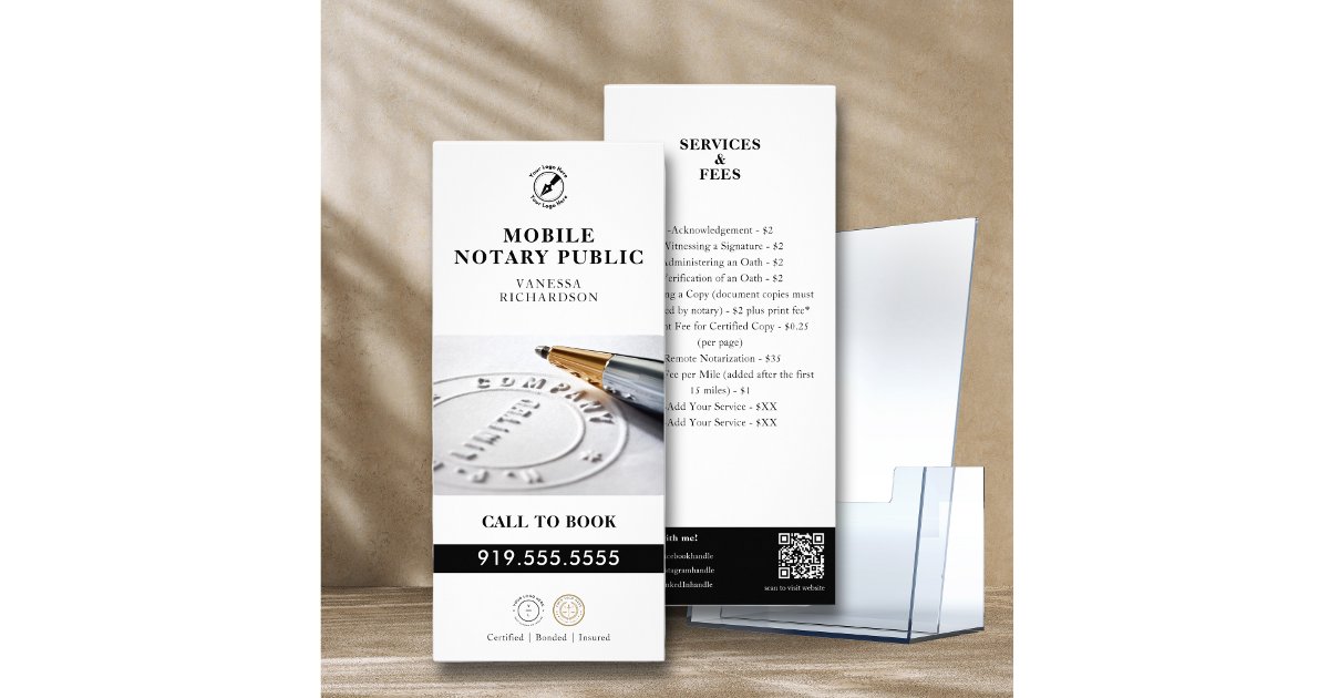 Professional Pen Logo QR Code Notary Public Price Rack Card | Zazzle