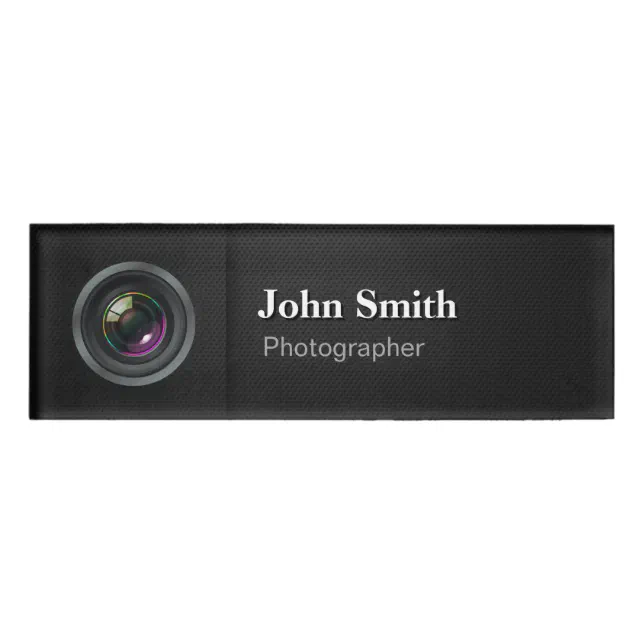 Professional Plain Black Camera Lens Photographer Name Tag | Zazzle
