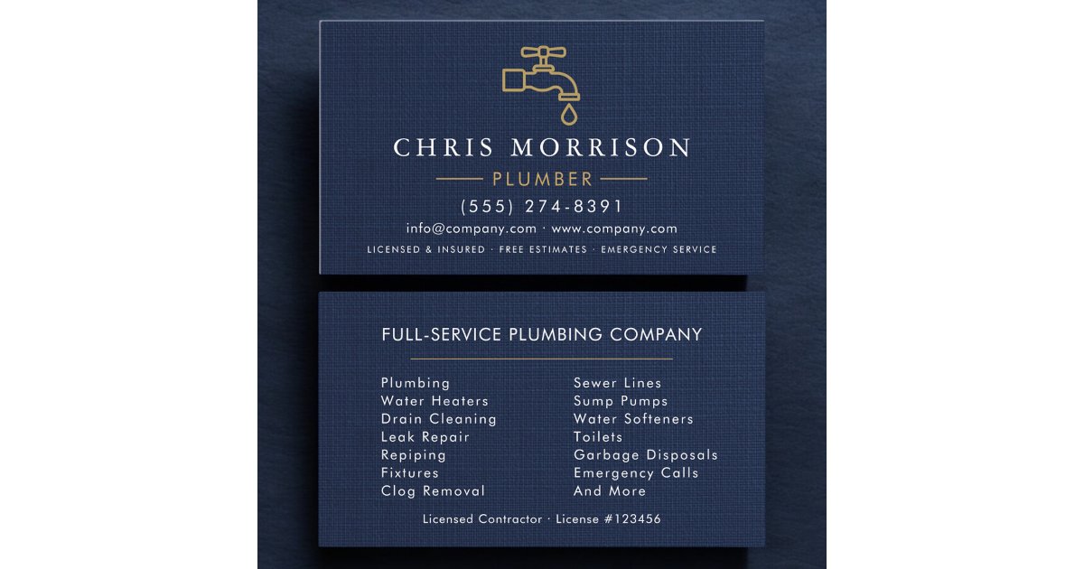 Professional Plumbing Plumber Navy Blue Gold Business Card | Zazzle
