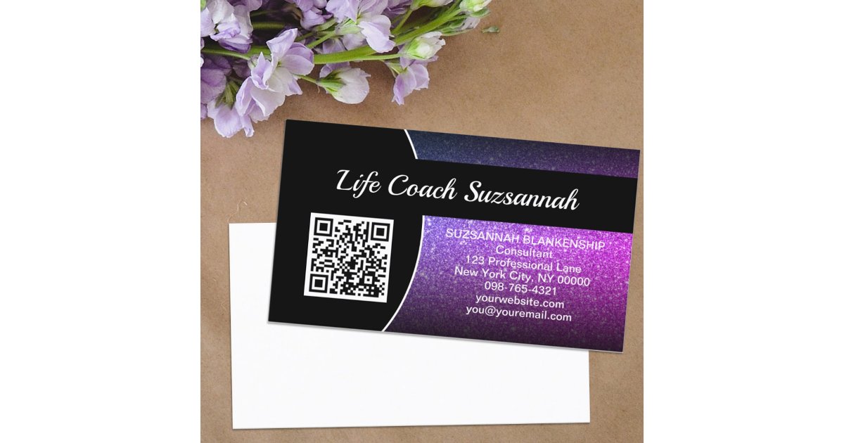 Professional Purple Ombre Glitter QR Code Custom Business Card | Zazzle