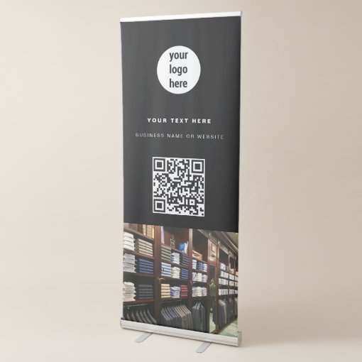 Professional QR Code Black Business Logo Photo Retractable Banner | Zazzle