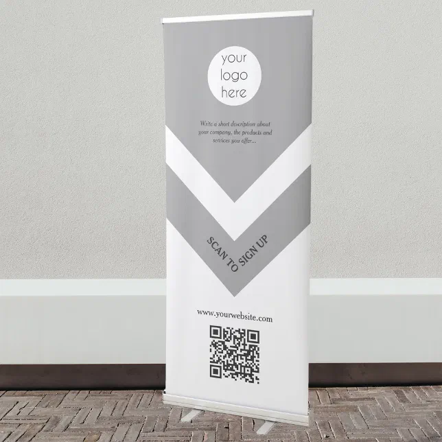 Professional QR Code Business Logo & Text Gray Retractable Banner | Zazzle