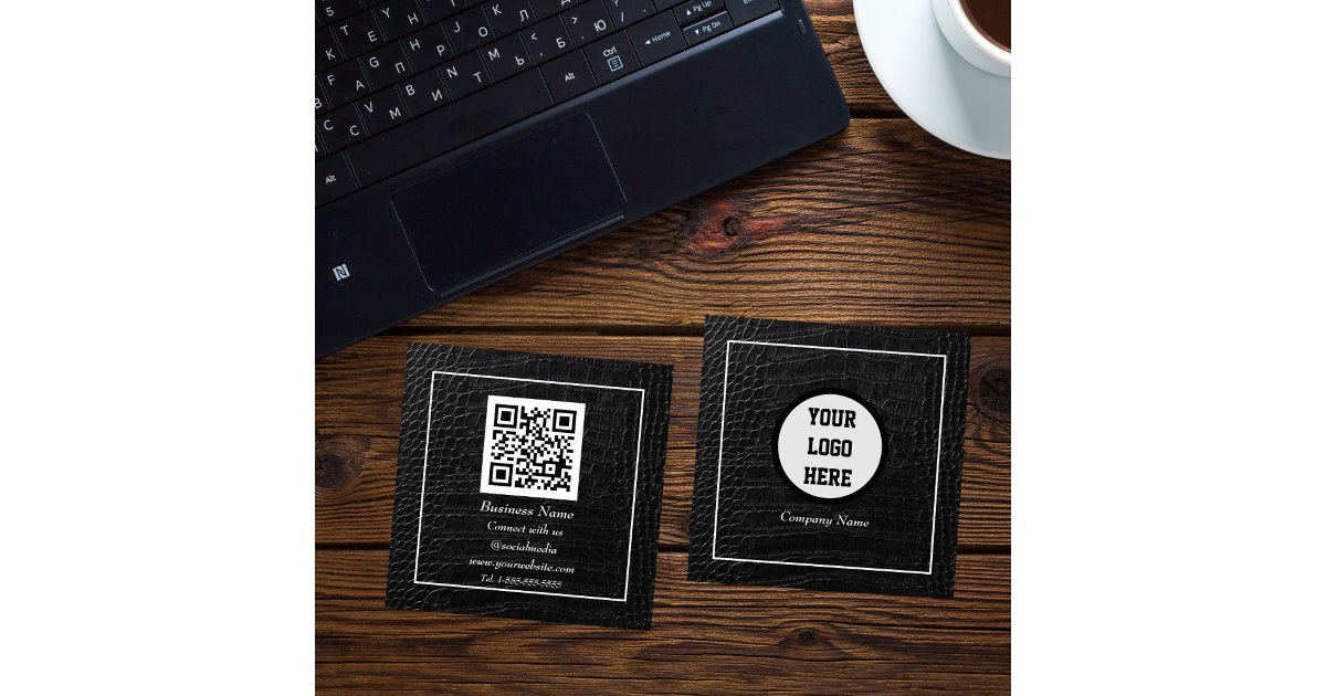 Professional QR Code Scannable Black Leather Square Business Card | Zazzle