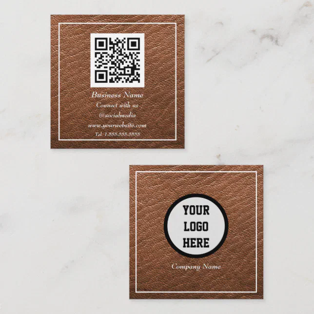 Professional QR Code Scannable Brown Leather Square Business Card | Zazzle
