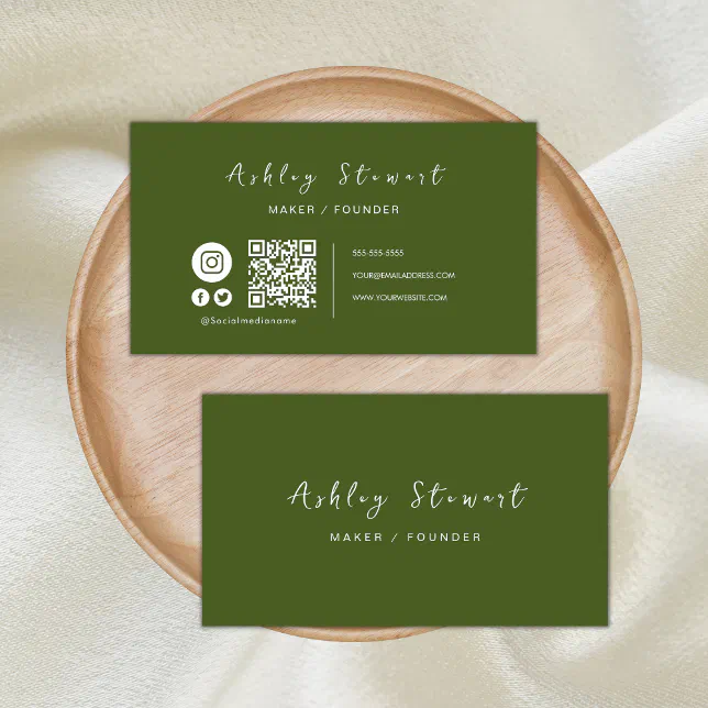 Professional Qr Code Social Media Moss Green Business Card | Zazzle