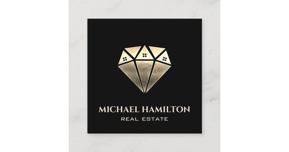Professional real estate gold diamond house logo square business card ...