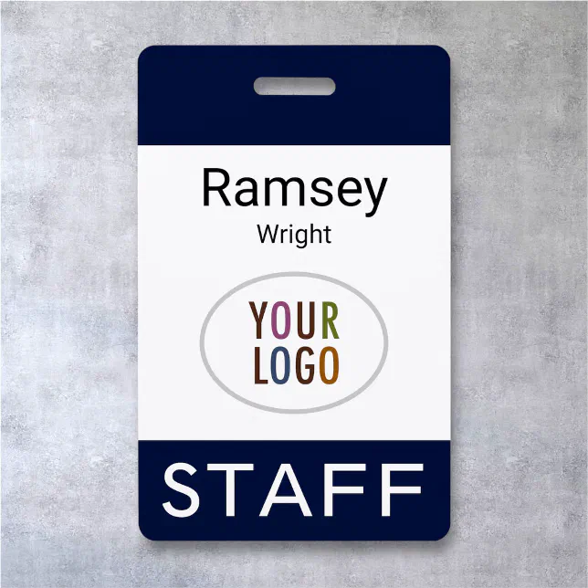 Professional Staff Name Badge with Logo Navy Blue | Zazzle