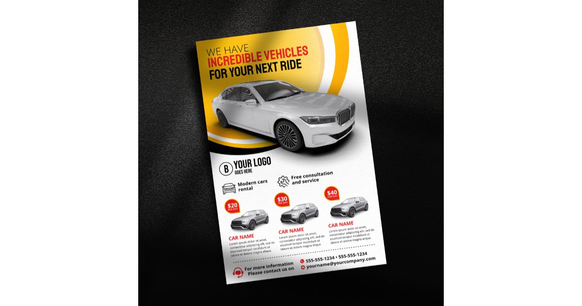 Professional Yellow Car Rental Car Hire Automobile Flyer | Zazzle