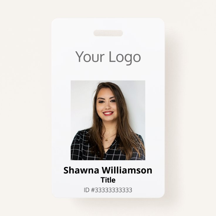 Professional Your Logo White Photo Bar Code ID Badge | Zazzle