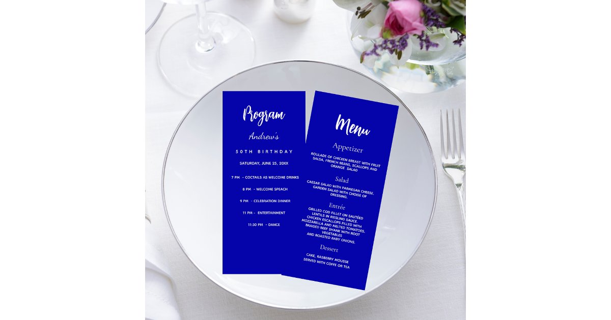 Program party dinner menu royal blue | Zazzle