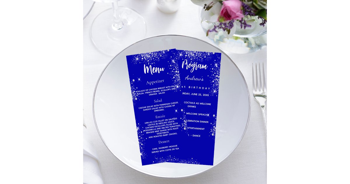 Program party dinner menu royal blue silver | Zazzle