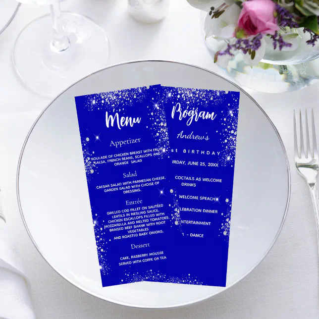 Program party dinner menu royal blue silver | Zazzle