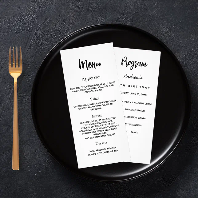 Program party dinner menu white black | Zazzle