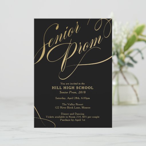 Prom Invitation, Black & Gold Script Senior Prom Invitation | Zazzle