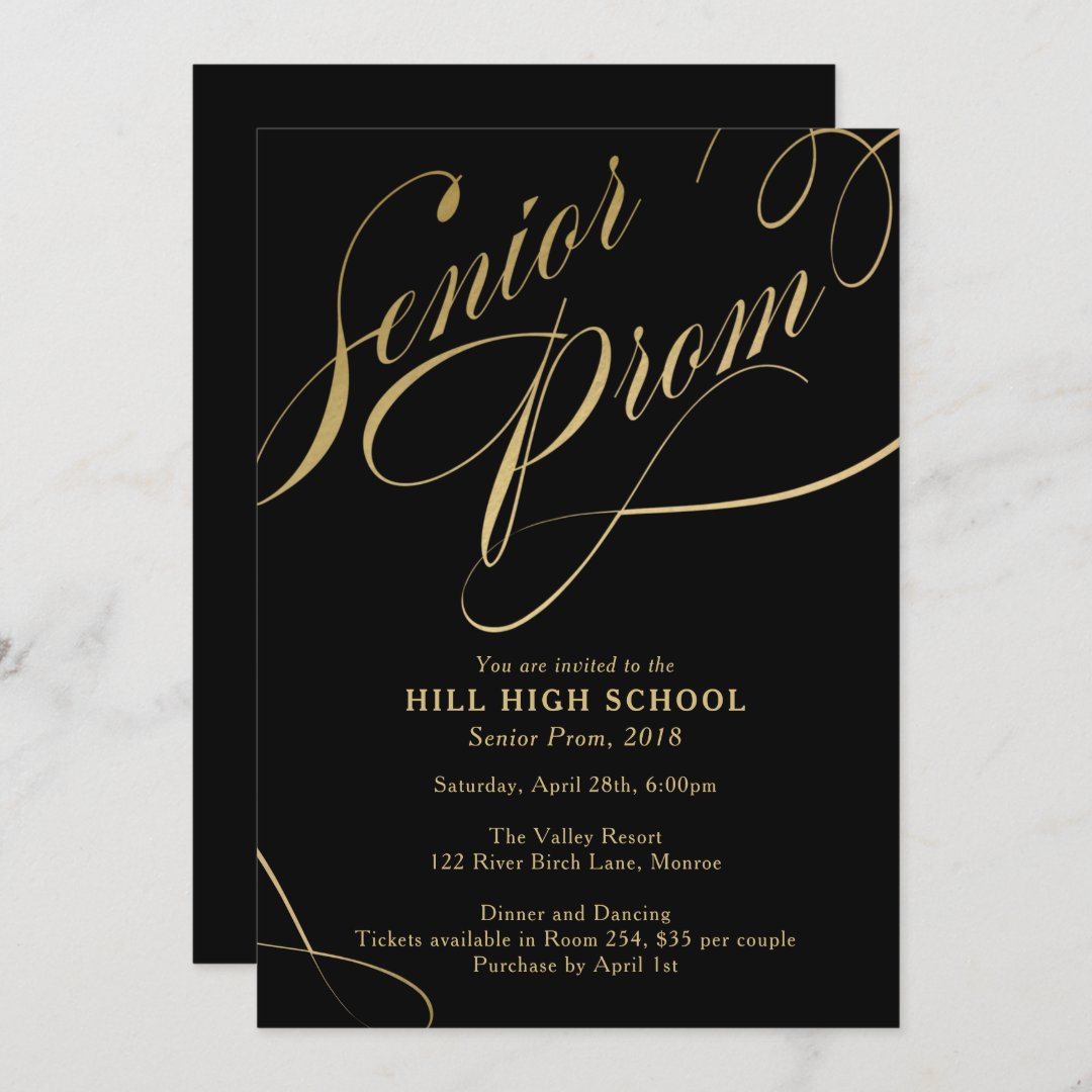 Prom Invitation, Black & Gold Script Senior Prom Invitation | Zazzle