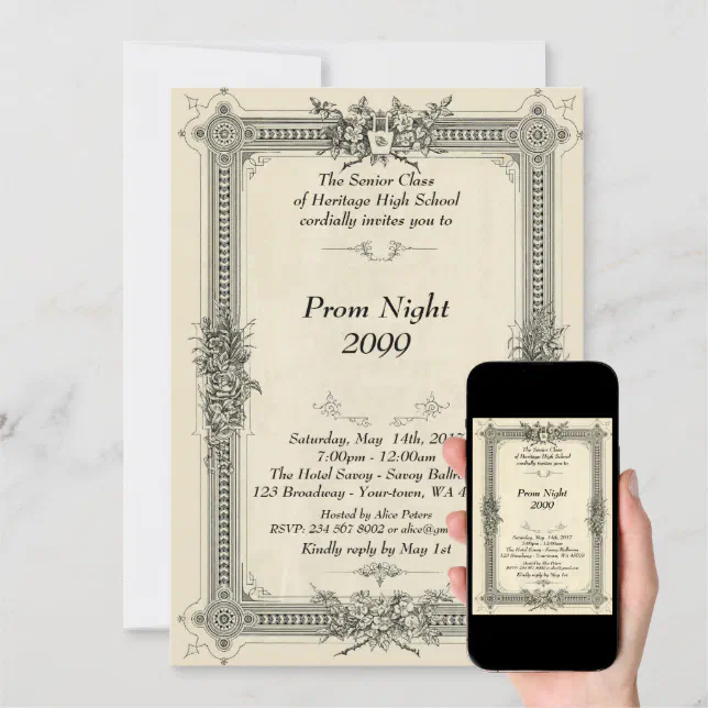 Prom Senior, vintage frame, empire style, white Invitation | Zazzle