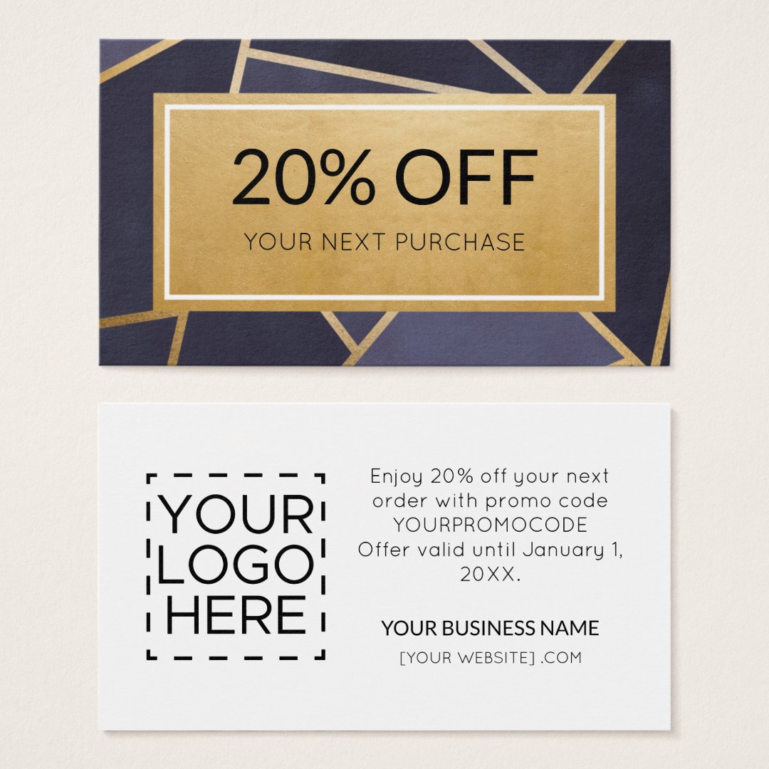 Promo Code Modern Navy Blue Gold Discount Cards | Zazzle