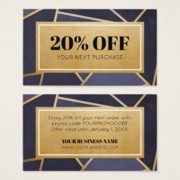 Promo Code Navy Blue Gold Coupon Discount Cards | Zazzle
