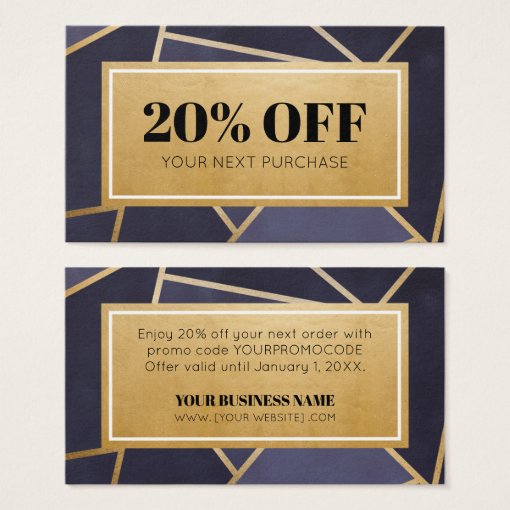Promo Code Navy Blue Gold Coupon Discount Cards | Zazzle