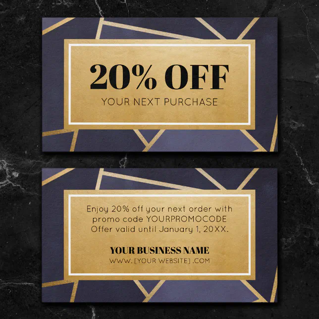 Promo Code Navy Blue Gold Coupon Discount Cards | Zazzle