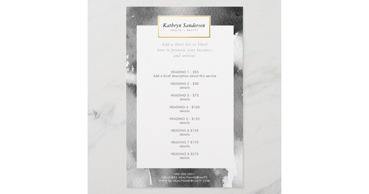 PROMO PRICE SERVICE LIST modern gray watercolor Flyer | Zazzle