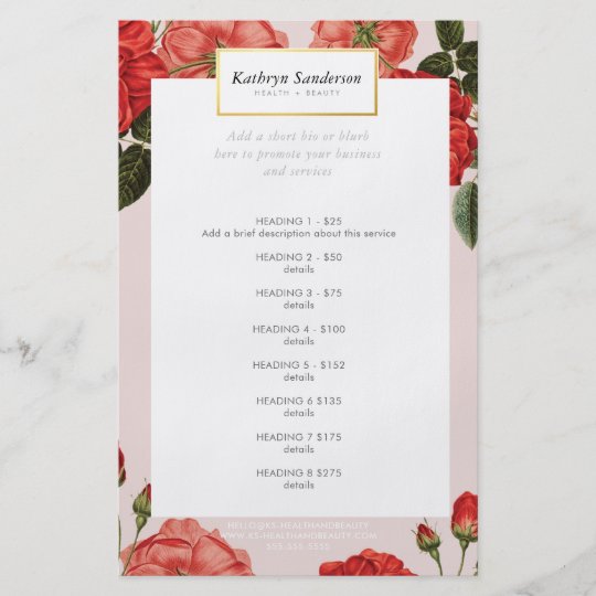 PROMO PRICE SERVICE LIST vintage red roses floral Flyer | Zazzle.com