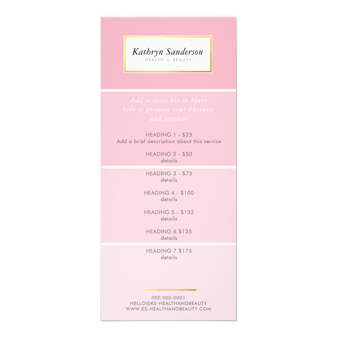 PROMO PRICE SERVICES LIST modern pink paint chip Rack Card | Zazzle