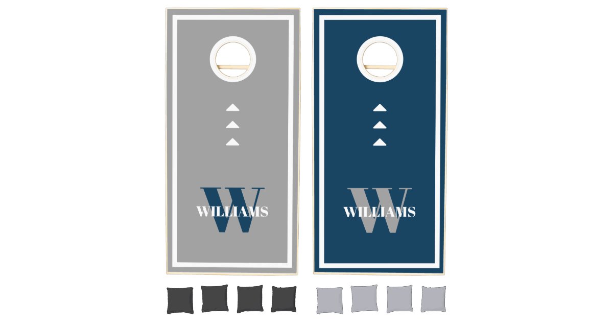Prussian Blue and Silver Monogram Bean Bag Toss Cornhole Set | Zazzle