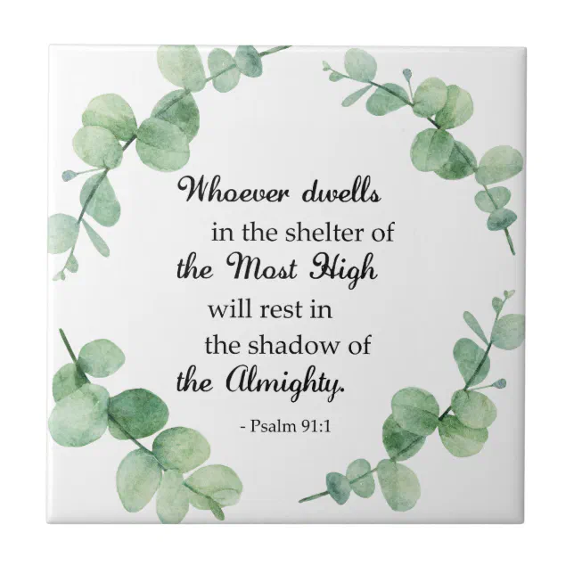 Psalm 91 Christian faith eucalyptus wreath Bible Ceramic Tile | Zazzle