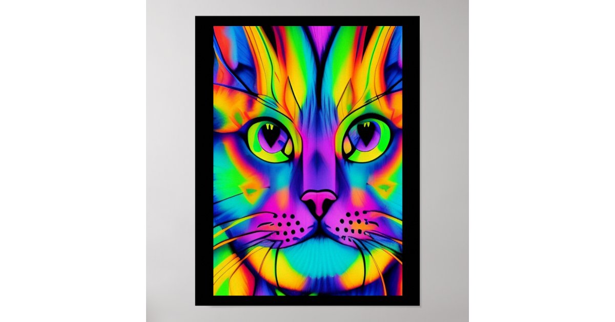 Psychedelic cat illusion purple fuchsia green poster | Zazzle