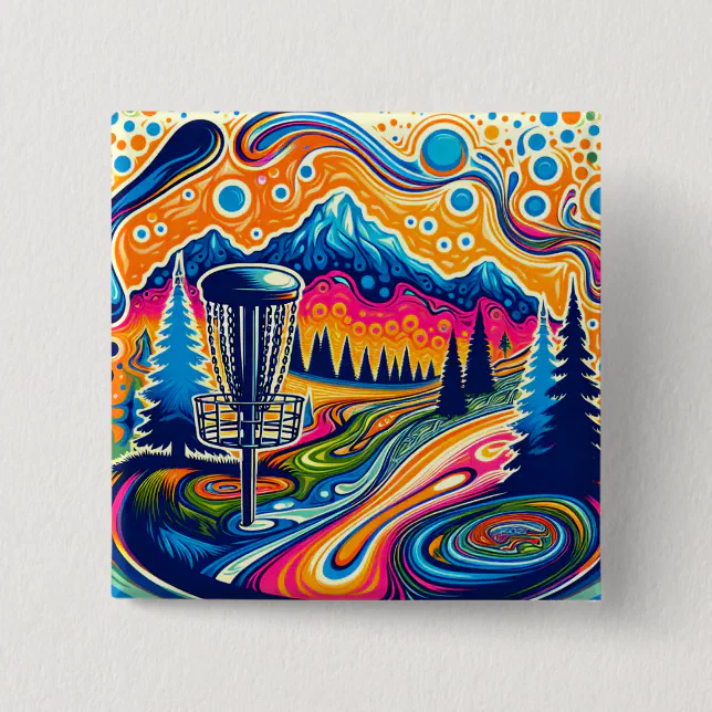 Psychedelic Disc Golf Course in the Mountains Button | Zazzle