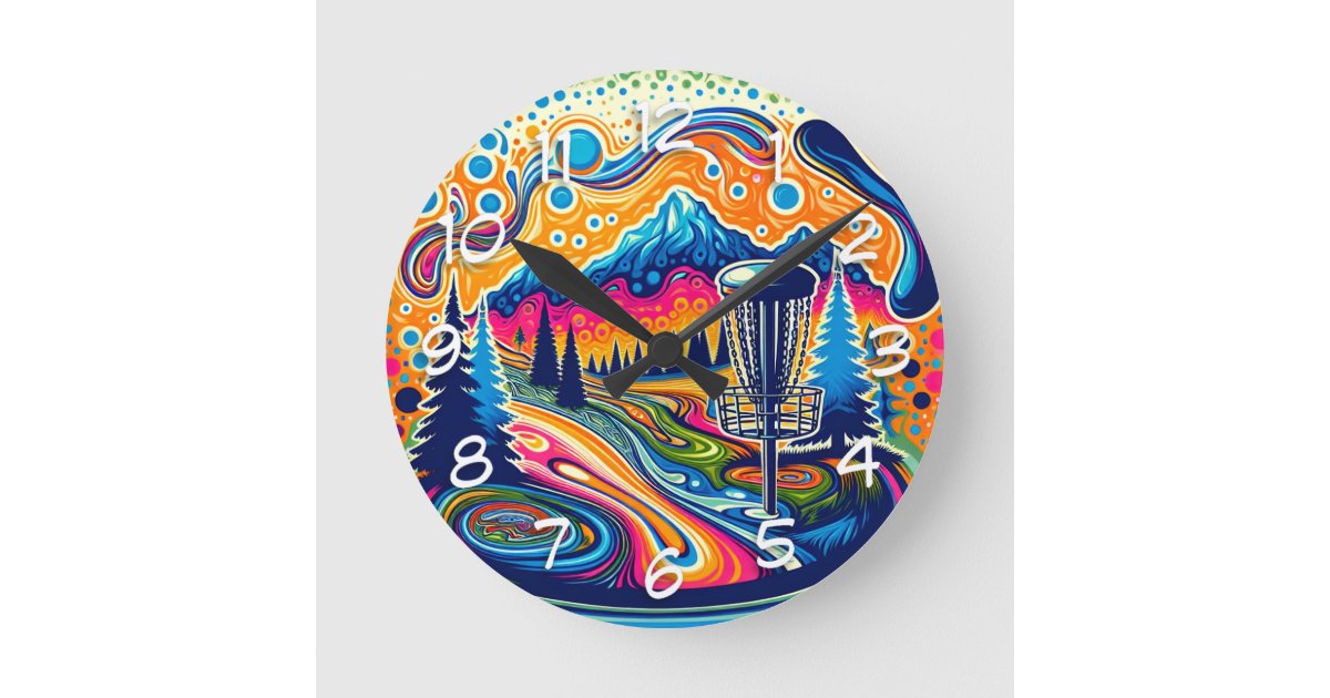 Psychedelic Disc Golf Course in the Mountains Round Clock | Zazzle