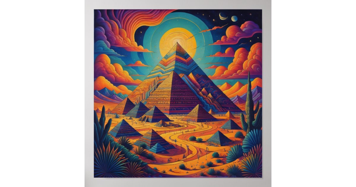 Psychedelic Egyptian Pyramid Landscape Art Poster | Zazzle