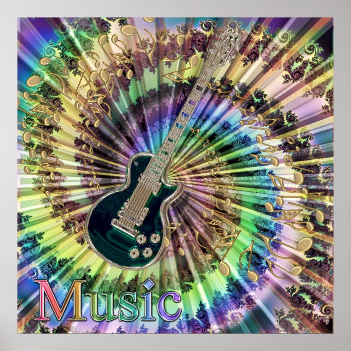 Psychedelic Guitar Swirling Notes Rainbow Music Poster | Zazzle.com