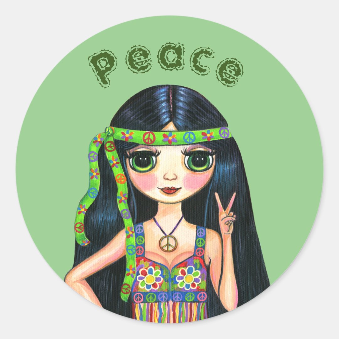 Psychedelic Hippie Chick Peace Sign Headband 1960s Classic Round Sticker Zazzle