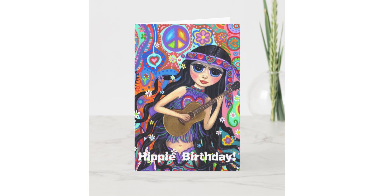 Psychedelic Hippie Mermaid Girl with Guitar Peace Card | Zazzle