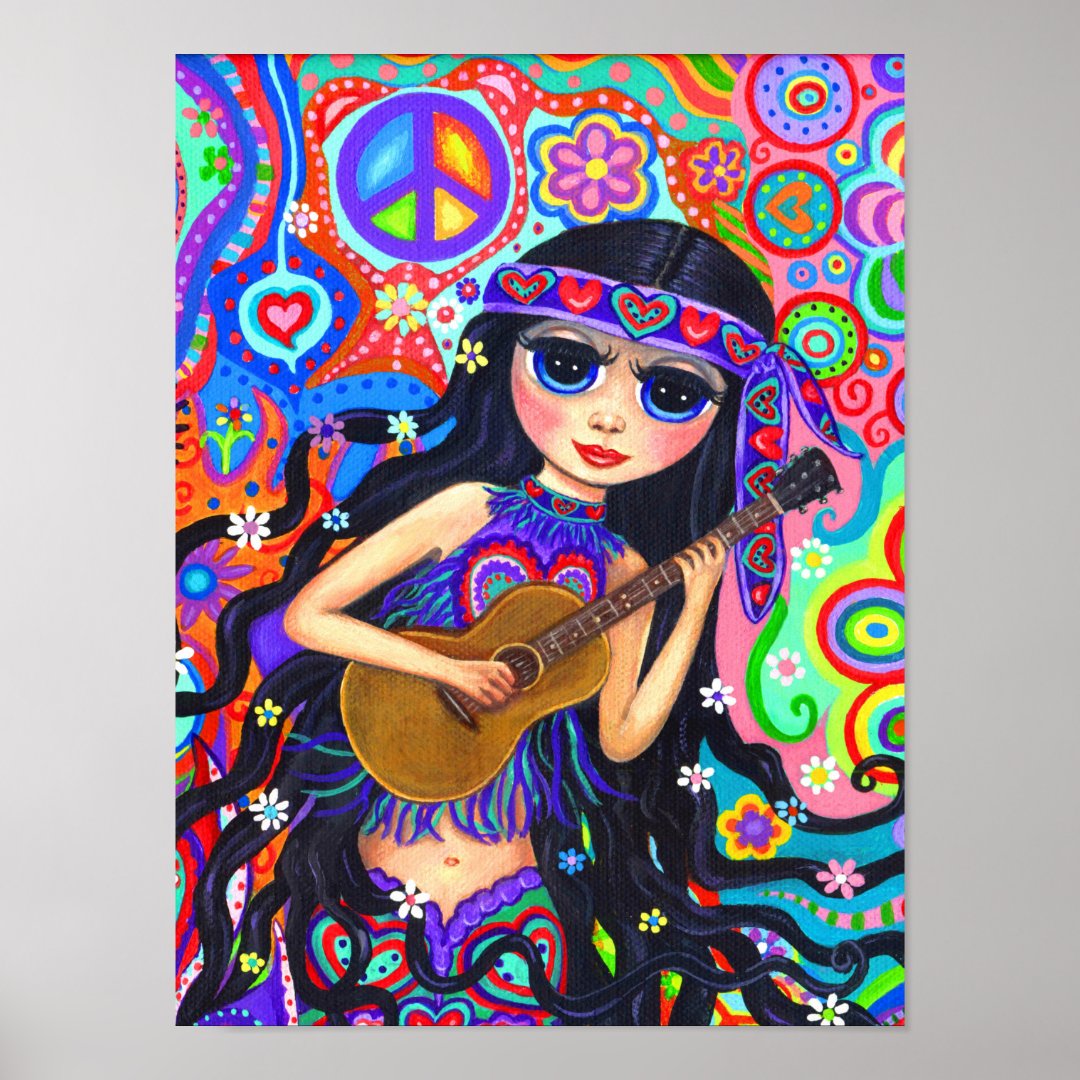Psychedelic Hippie Mermaid Girl with Guitar Peace Poster | Zazzle
