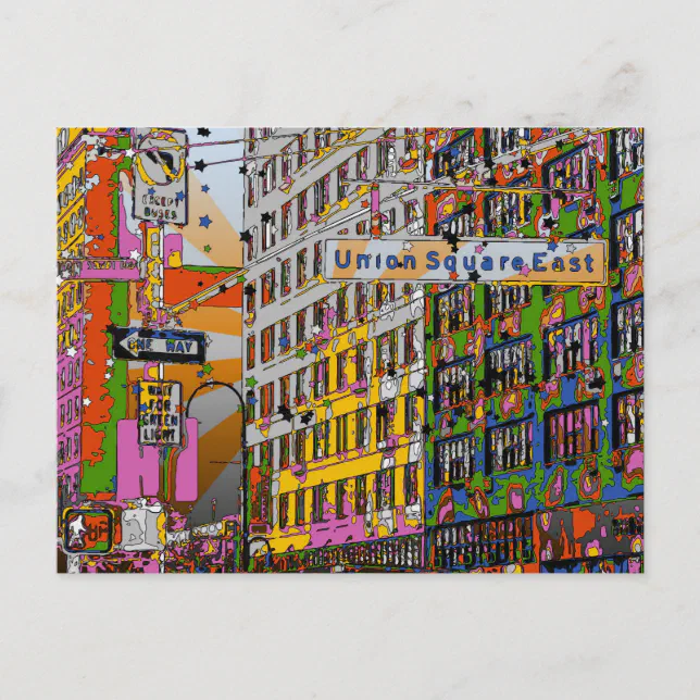 Psychedelic NYC: Union Square Building, St Sign A4 Postcard | Zazzle
