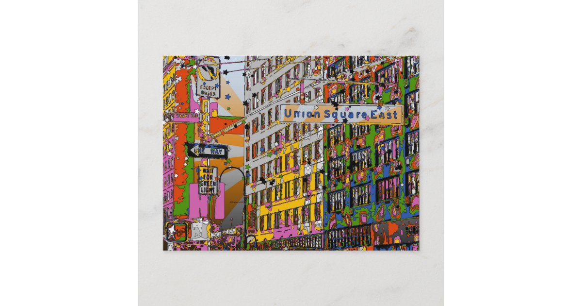 Psychedelic NYC: Union Square Building, St Sign A4 Postcard | Zazzle