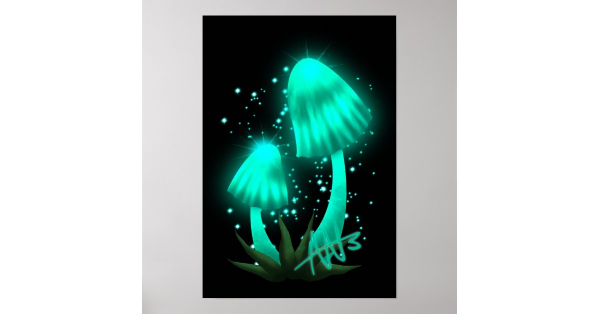 Psychedelic Pixie Cap Glowing Cyan Mushroom Poster | Zazzle