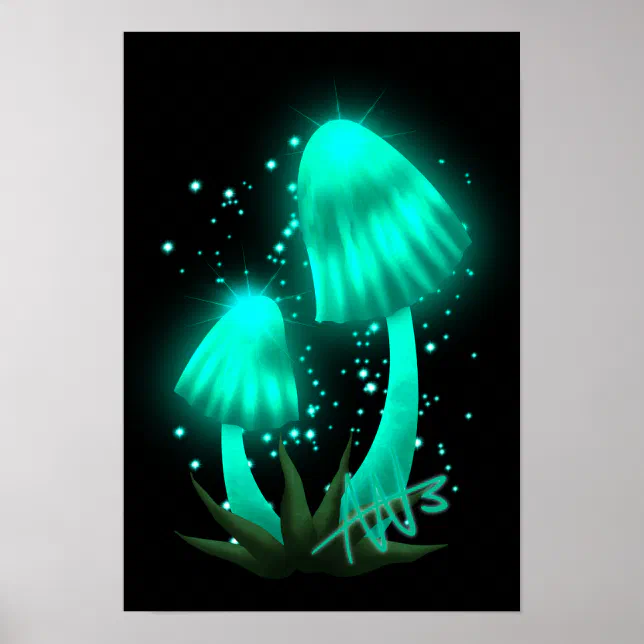 Psychedelic Pixie Cap Glowing Cyan Mushroom Poster | Zazzle