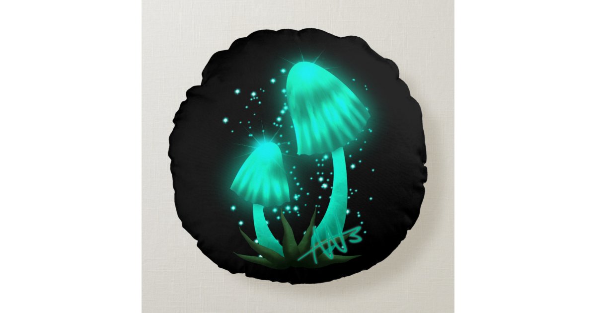 Psychedelic Pixie Cap Glowing Cyan Mushroom Round Pillow | Zazzle