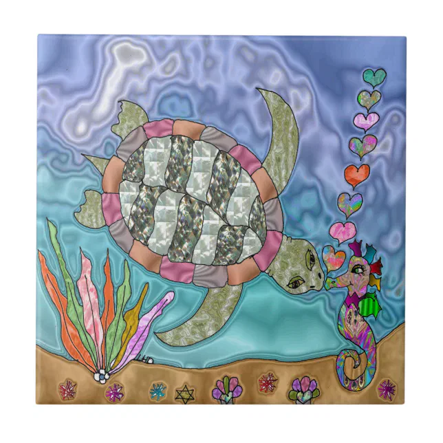 Psychedelic Sea Turtle Seahorse Art Ceramic Tile | Zazzle