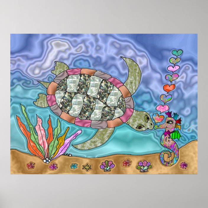 Psychedelic Sea Turtle Seahorse Art Poster | Zazzle.com